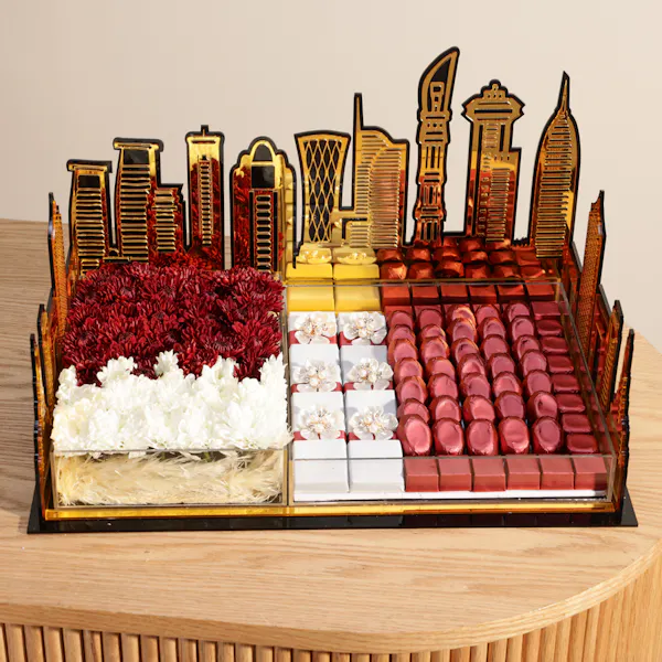 Buy and send Floward Doha Towers Chocolate and Flowers Golden Box gift ...